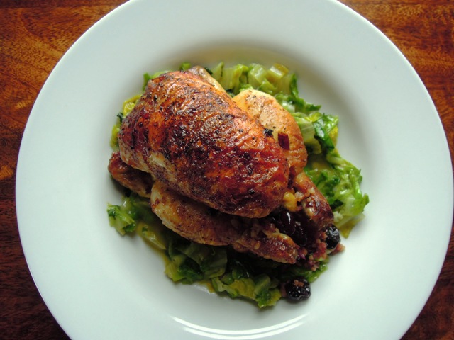 Cherry-stuffed poussin with braised lettuce – Bangers & Mash