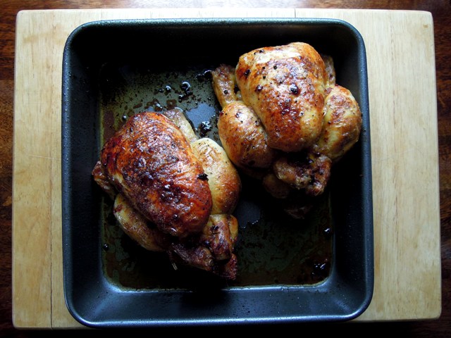 Cherry-stuffed poussin with braised lettuce – Bangers & Mash